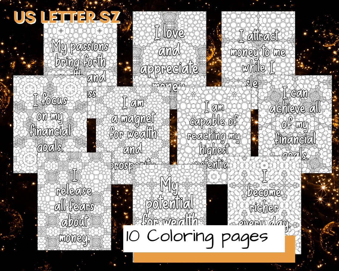 Money and Wealth Affirmations Coloring Pages for Adults | Mindfulness ...