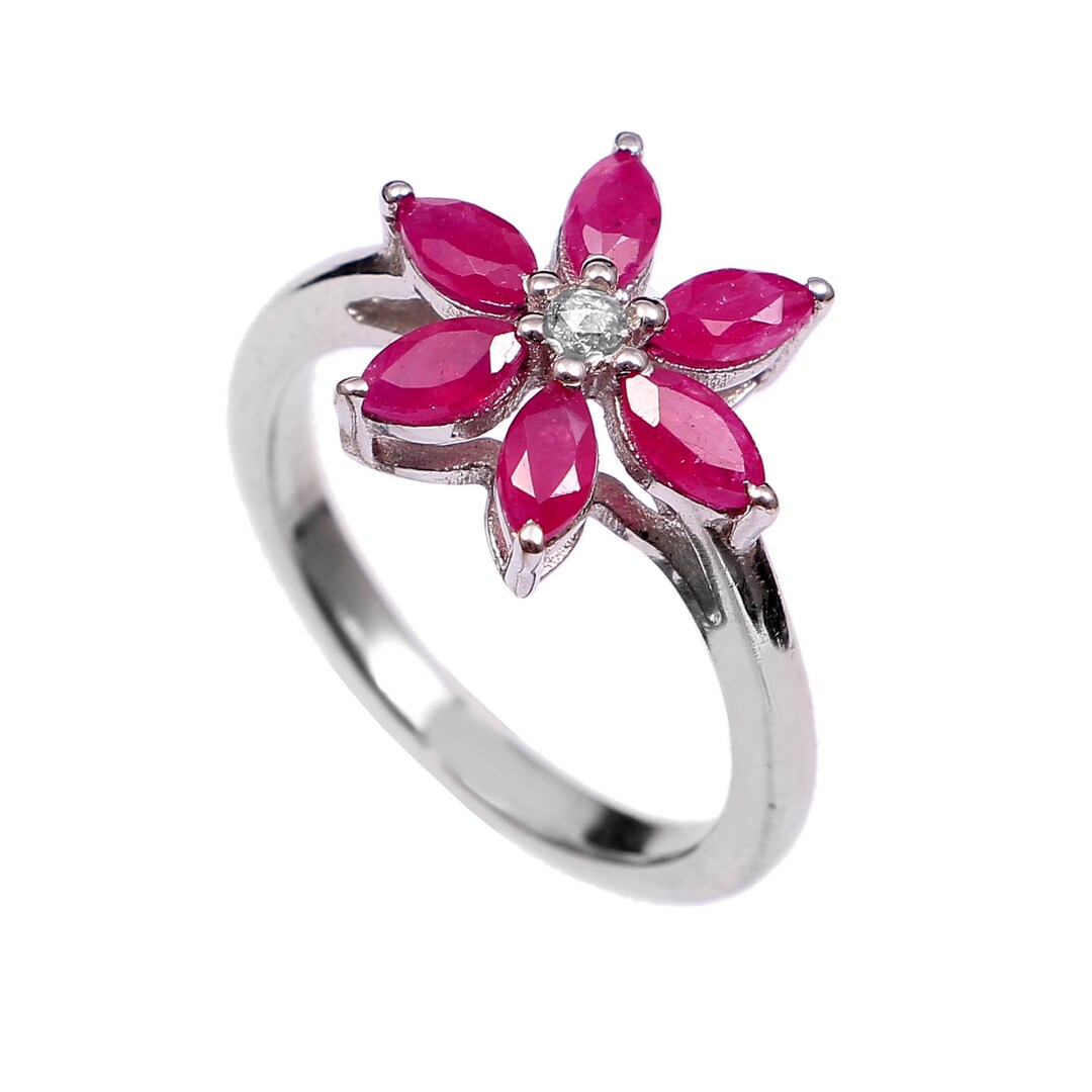 Natural Ruby Flower Shape Diamond Set Ring Designer Ring - Etsy