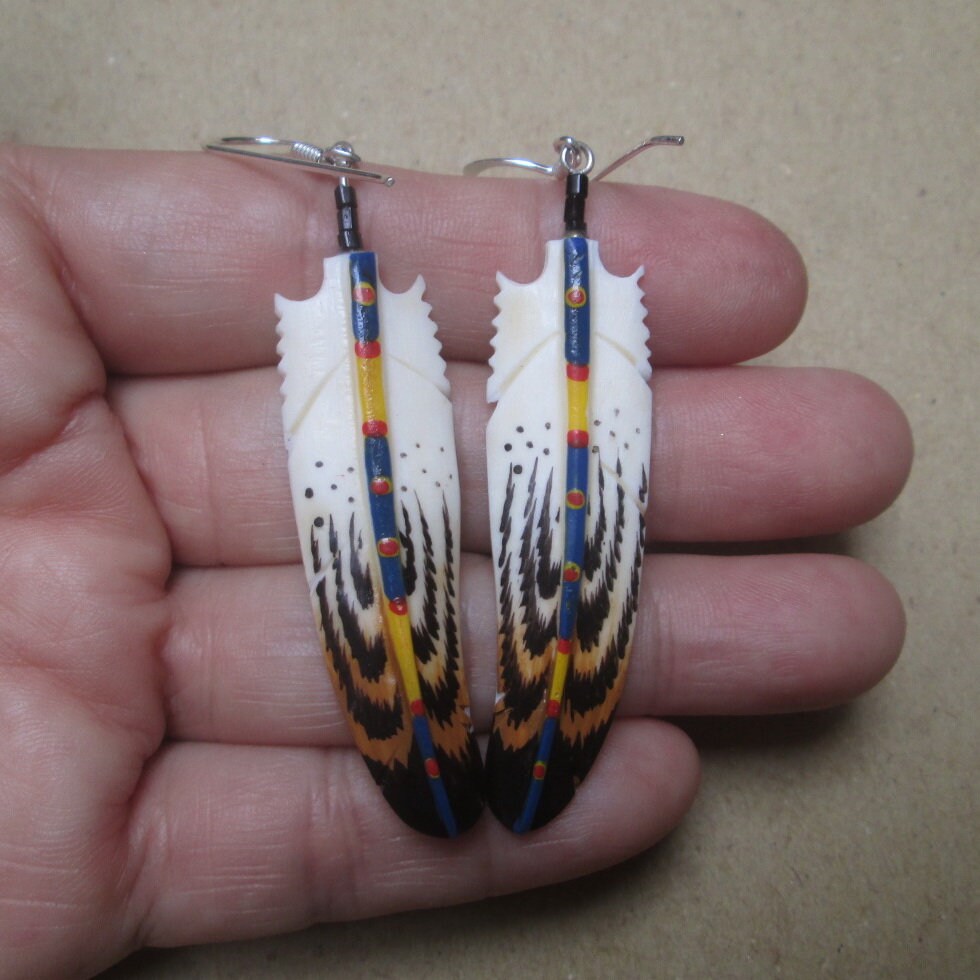 Hand Painted Feather Earrings on Bone With Sterling Silver Wire PFE20 ...
