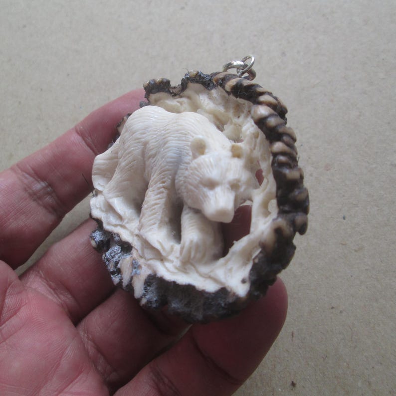 Bear Carved Antler Pendant, Deer Horn Bali Bone Carving With Sterling ...