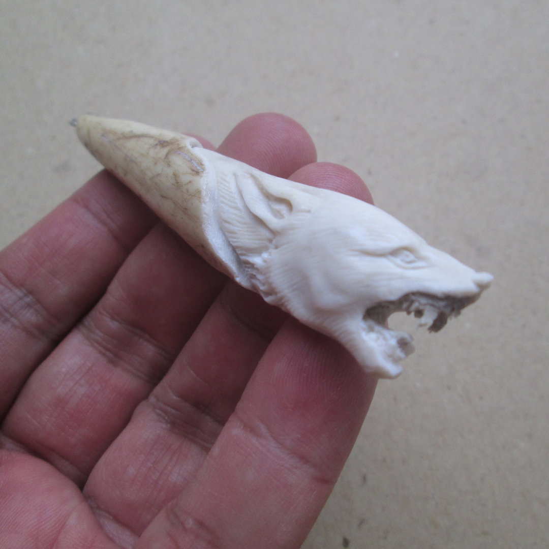 Wolf Head Carved Antler Pendant, Deer Horn Bali Bone Carving With ...