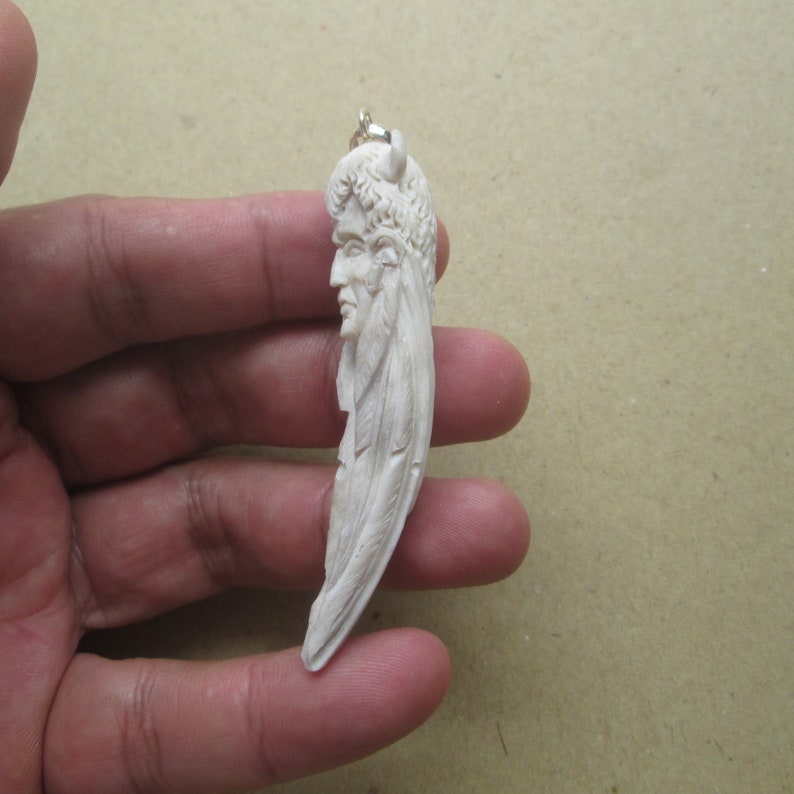 Indian Bison Carved Antler Pendant Deer Horn Bali Bone Carving With