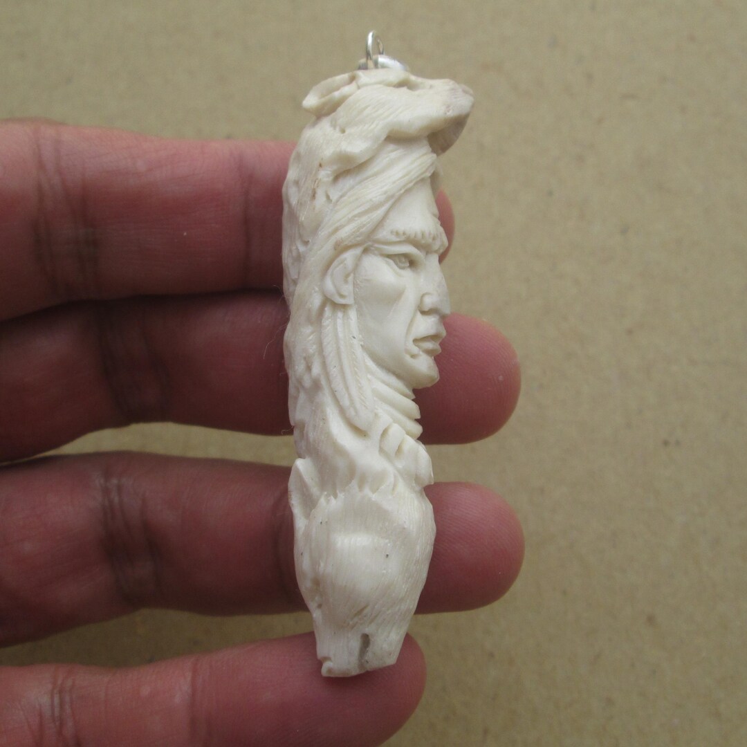 Indian Wolf Carved Antler Pendant, Deer Horn Bali Bone Carving With ...