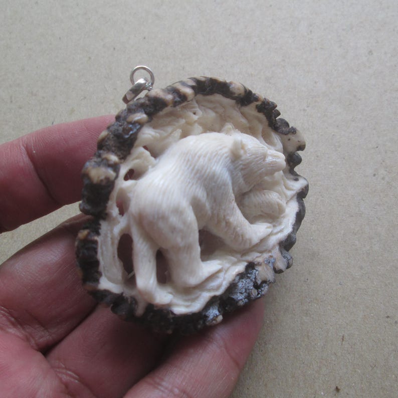 Bear Carved Antler Pendant, Deer Horn Bali Bone Carving With Sterling ...