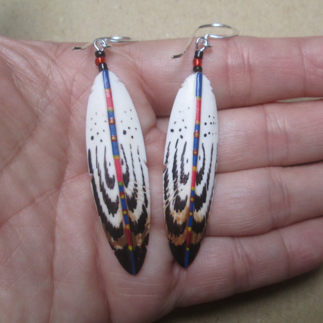 Hand Painted Feather Earrings on Bone With Sterling Silver Wire PFE04 ...