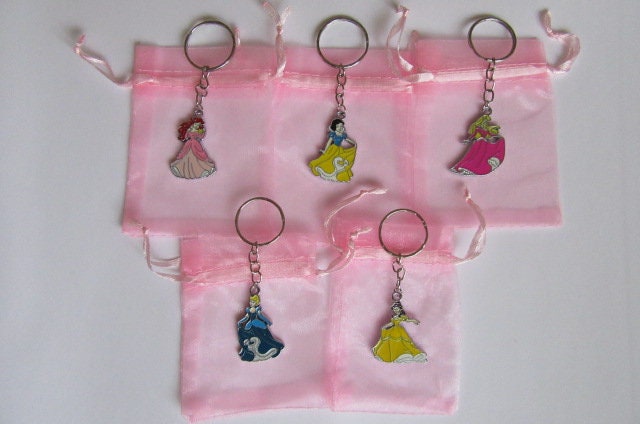 Set of 5 Disney Princess Keyrings Enamel Charm Organza Bag Kids Party ...