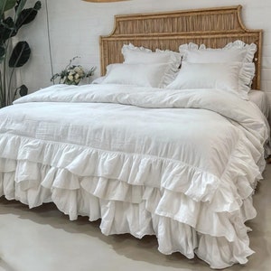 White Linen Triple Ruffled Bedding Set Duvet Cover and 2 Pillowcases ...
