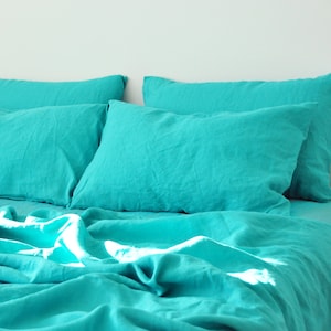Turquoise Linen Sheet Set 1 Flat Sheet and 1 Fitted Sheet and 2 ...