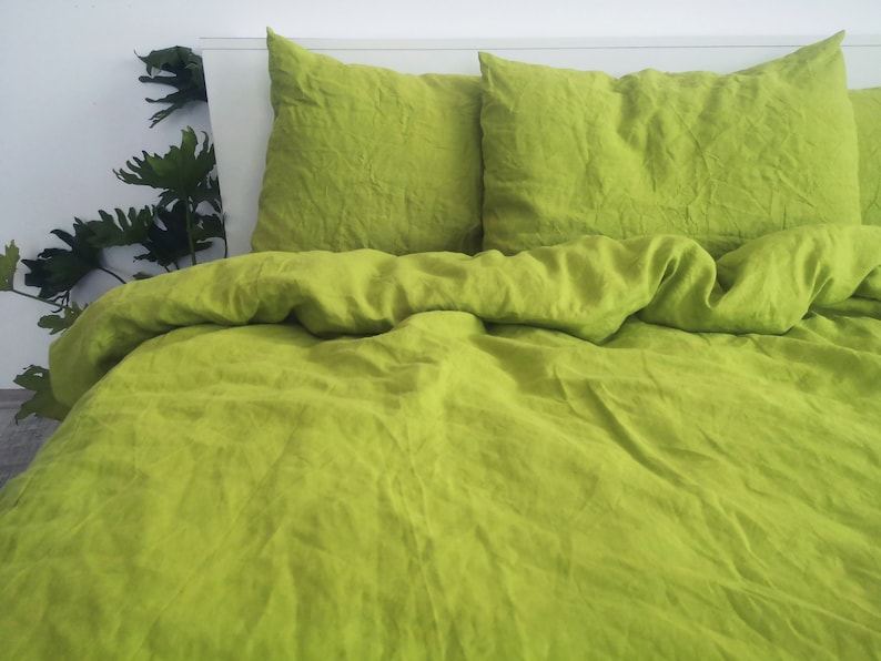 Chartreuse green linen bedding set / 1 Duvet cover 2 | Etsy