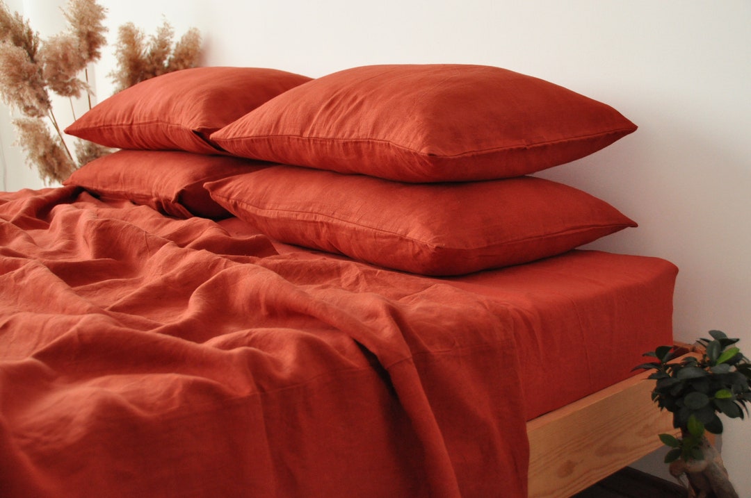 Terracotta Linen Sheet Set 1 Flat Sheet and 1 Fitted Sheet and 2 ...