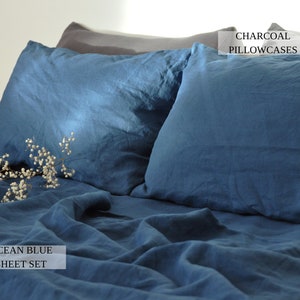 Ocean Blue Linen Sheet Set 1 Flat Sheet and 1 Fitted Sheet and 2 ...