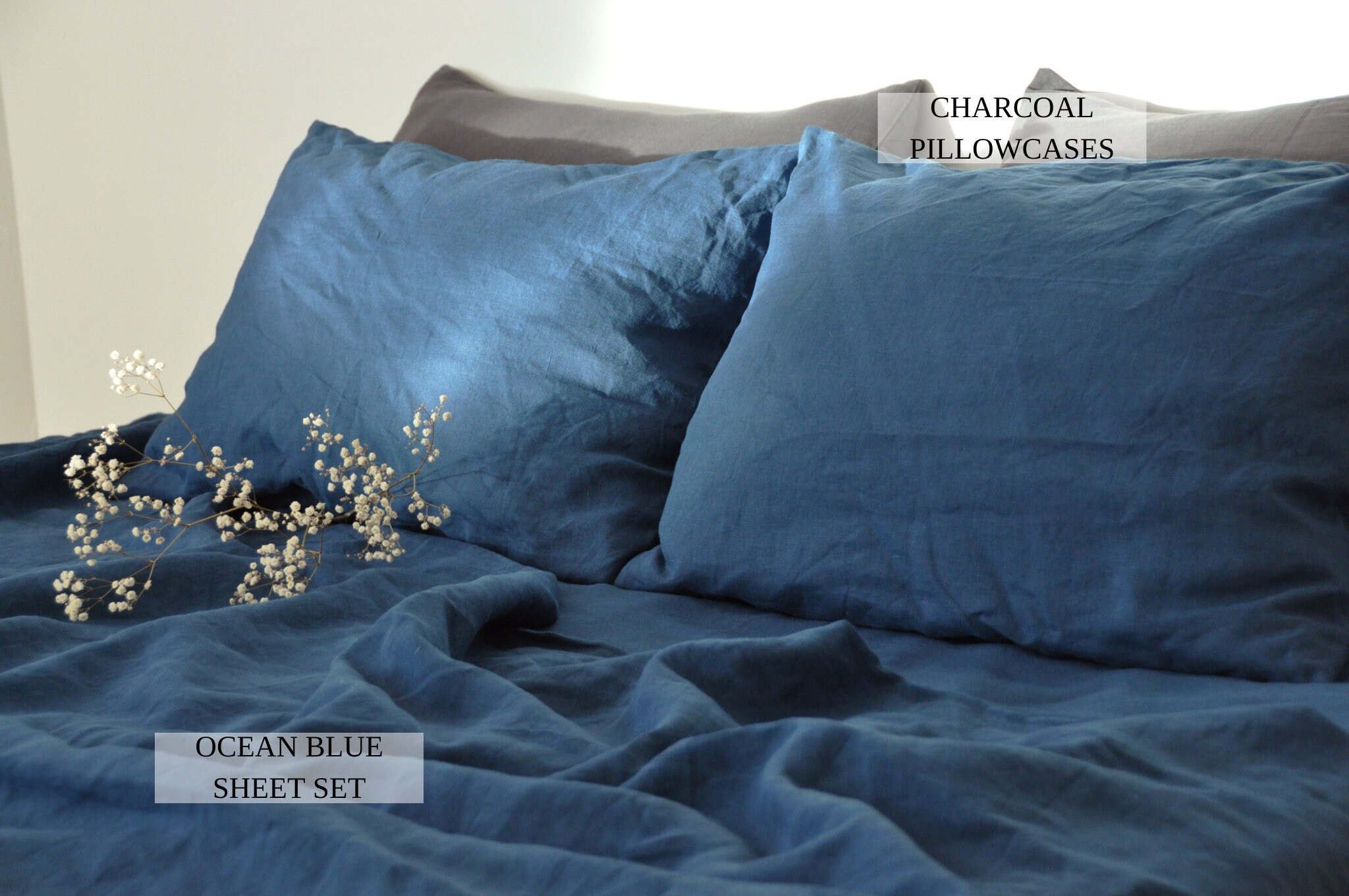 Ocean Blue Linen Sheet Set / 1 Flat Sheet 1 Fitted Sheet 2 - Etsy