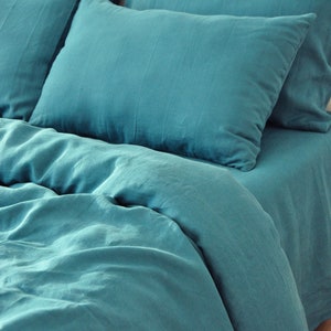 Teal Linen Bedding Set 1 Duvet Cover and 2 Pillowcases Softened Linen ...