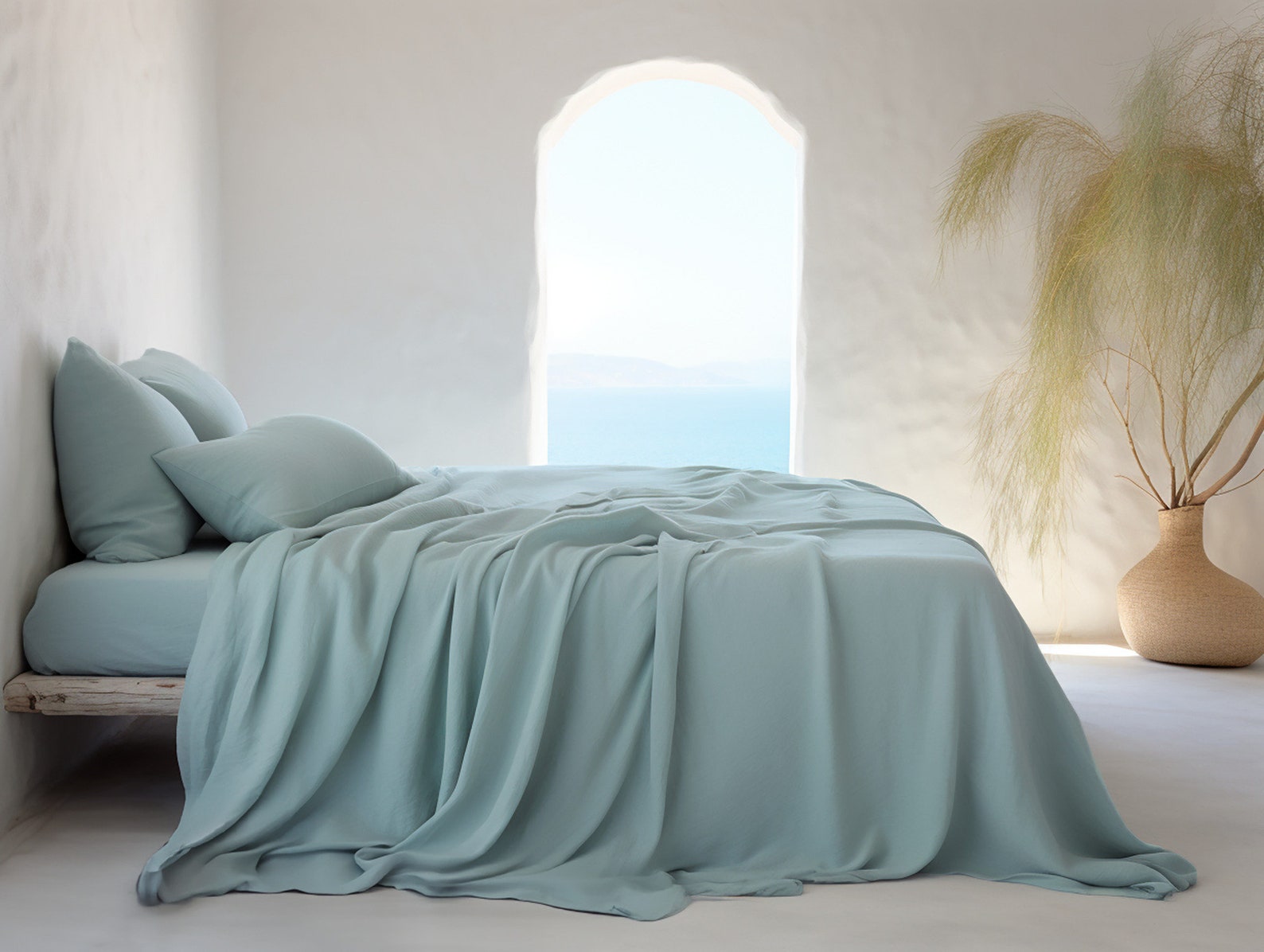 Sea Glass Linen Sheet Set 1 Flat Sheet and 1 Fitted Sheet and 2 ...