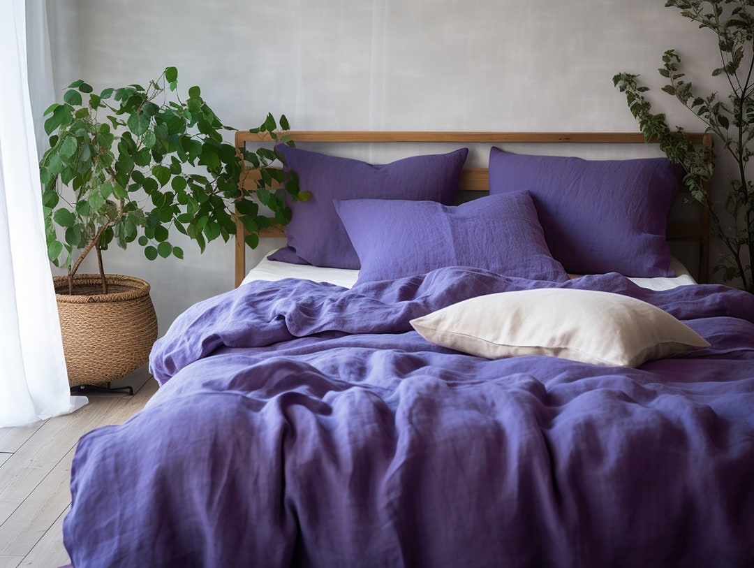 Violet Linen Bedding Set 1 Duvet Cover and 2 Pillowcases Softened Linen ...
