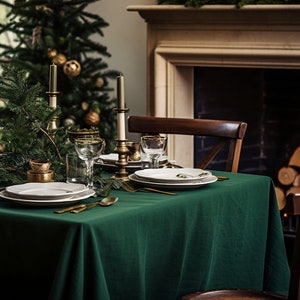 Forest Green Round Linen Tablecloth Christmas Theme Rectangle Square ...