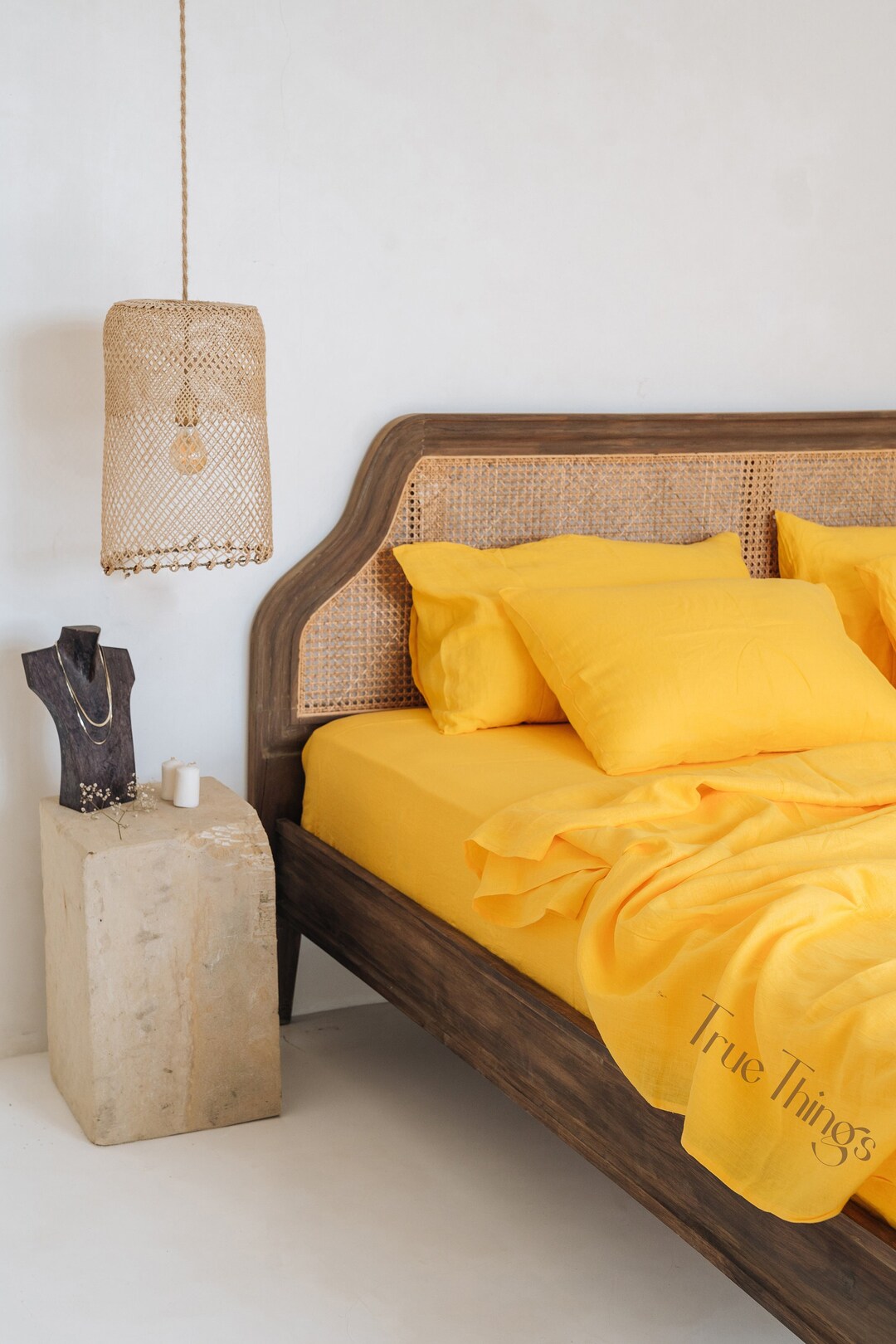 Bright Yellow Linen Sheet Set 1 Flat Sheet and 1 Fitted Sheet and 2 ...