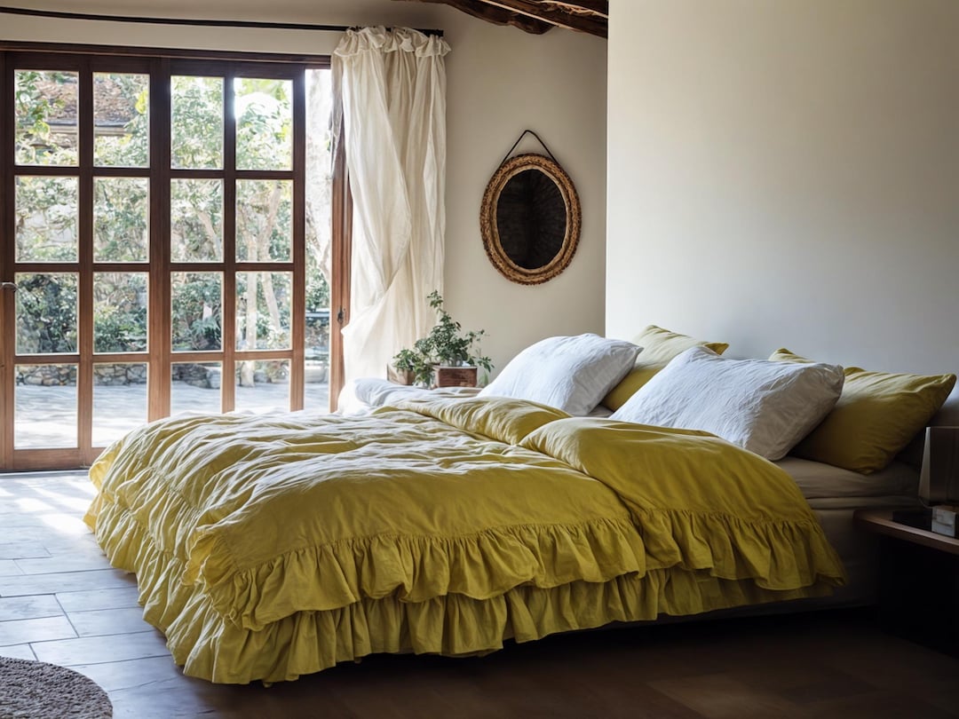 Chartreuse Yellow Linen Double Ruffled Bedding Set Duvet Cover and 2 ...
