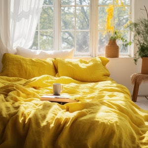 Mustard Linen Sheet Set 1 Flat Sheet and 1 Fitted Sheet and 2 ...