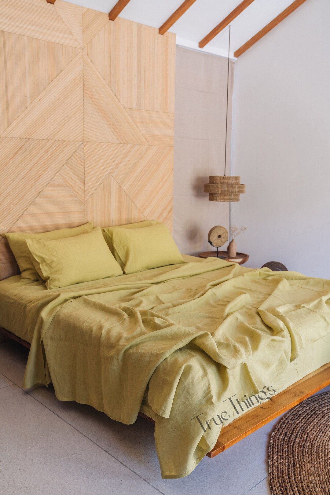 Chartreuse Yellow Linen Sheet Set 1 Flat Sheet and 1 Fitted Sheet and 2 ...