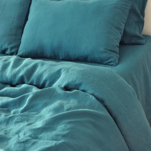 Teal Linen Bedding Set 1 Duvet Cover and 2 Pillowcases Softened Linen ...