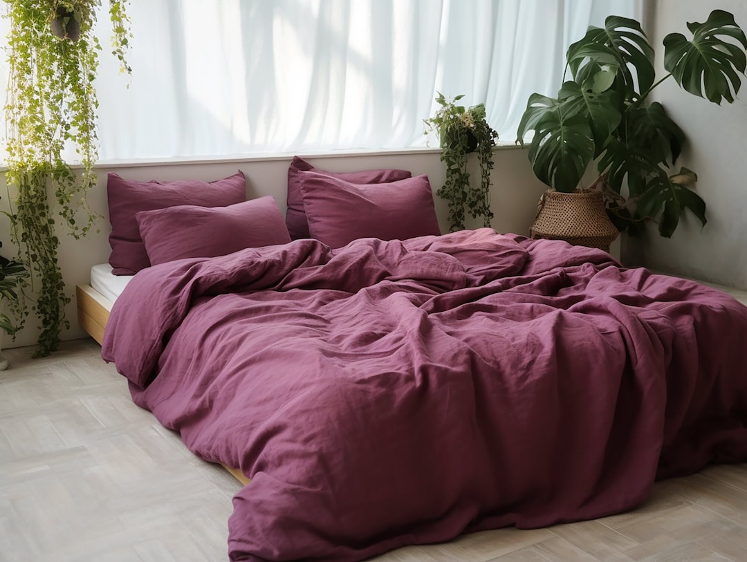 Burgundy Linen Bedding Set 1 Duvet Cover and 2 Pillowcases Softened ...