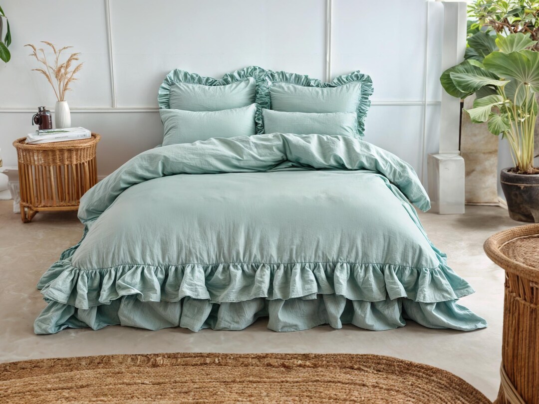 Sea Glass Linen Double Ruffled Bedding Set Duvet Cover and 2 ...