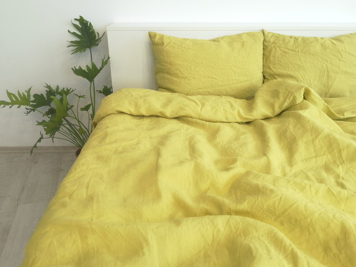 Chartreuse yellow linen bedding set / 1 Duvet cover 2 | Etsy