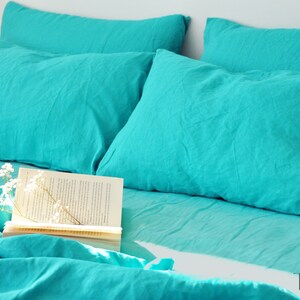 Turquoise Linen Sheet Set 1 Flat Sheet and 1 Fitted Sheet and 2 ...