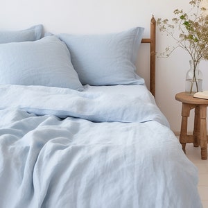 Sky Blue Melange Linen Bedding Set 1 Duvet Cover and 2 Pillowcases in ...