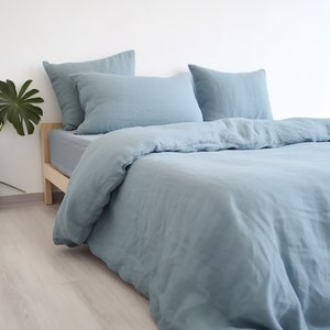 Dusty Blue Linen Bedding Set 1 Duvet Cover and 2 Pillowcases Softened ...