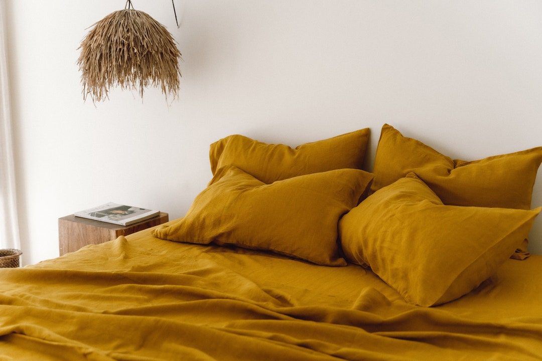 Ochre Linen Sheet Set 1 Flat Sheet and 1 Fitted Sheet and 2 Pillowcases ...