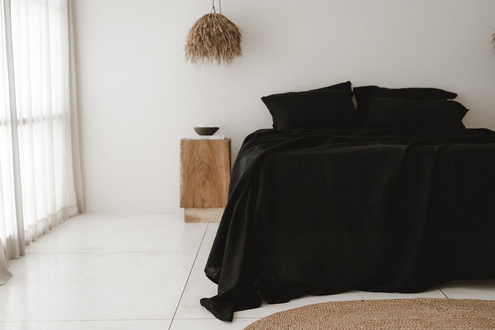 Black Linen Sheet Set 1 Flat Sheet and 1 Fitted Sheet and 2 Pillowcases ...
