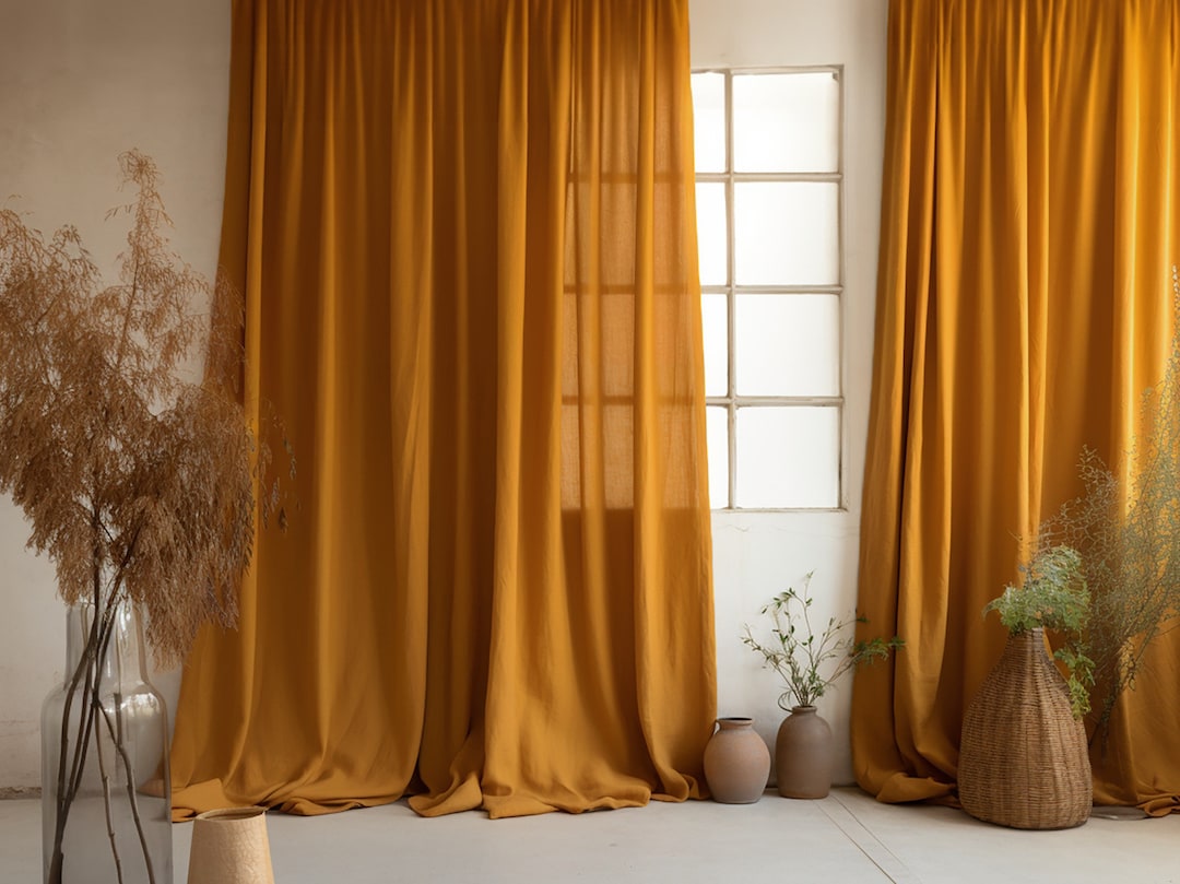 READY TO SHIP Ochre Linen Curtains 2 Panels Cotton Lining Medium Weight ...