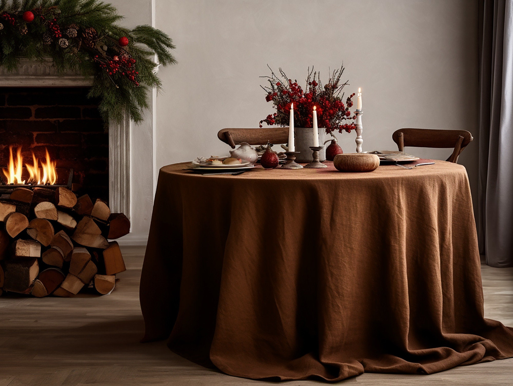 Cinnamon Rectangle Linen Tablecloth Christmas Theme Round Square ...