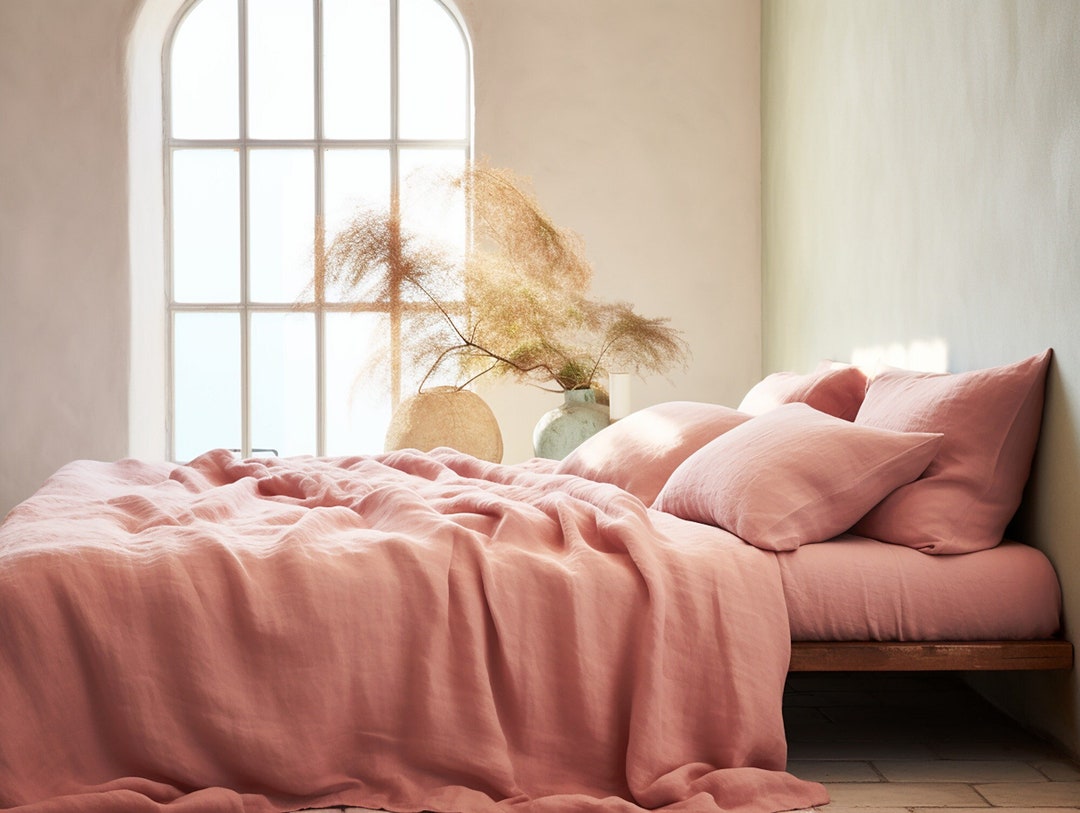 Sunset Pink Linen Sheet Set 1 Flat Sheet and 1 Fitted Sheet and 2 ...