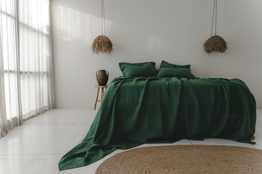 Forest Green Linen Sheet Set 1 Flat Sheet and 1 Fitted Sheet and 2 ...