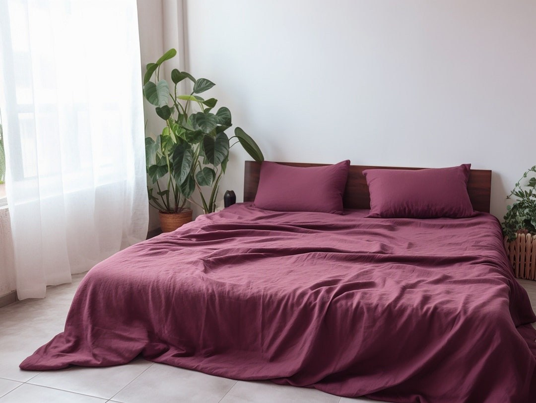 Burgundy Linen Sheet Set 1 Flat Sheet and 1 Fitted Sheet and 2 ...