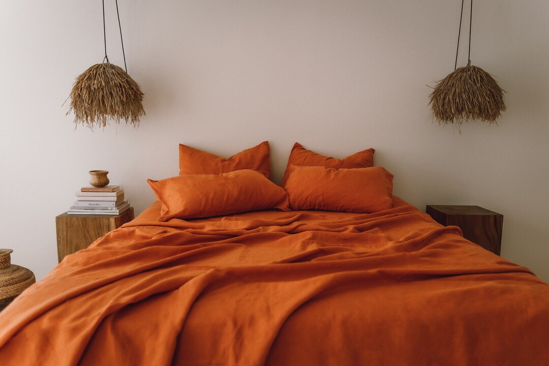Burnt Orange Linen Sheet Set 1 Flat Sheet and 1 Fitted Sheet and 2 ...