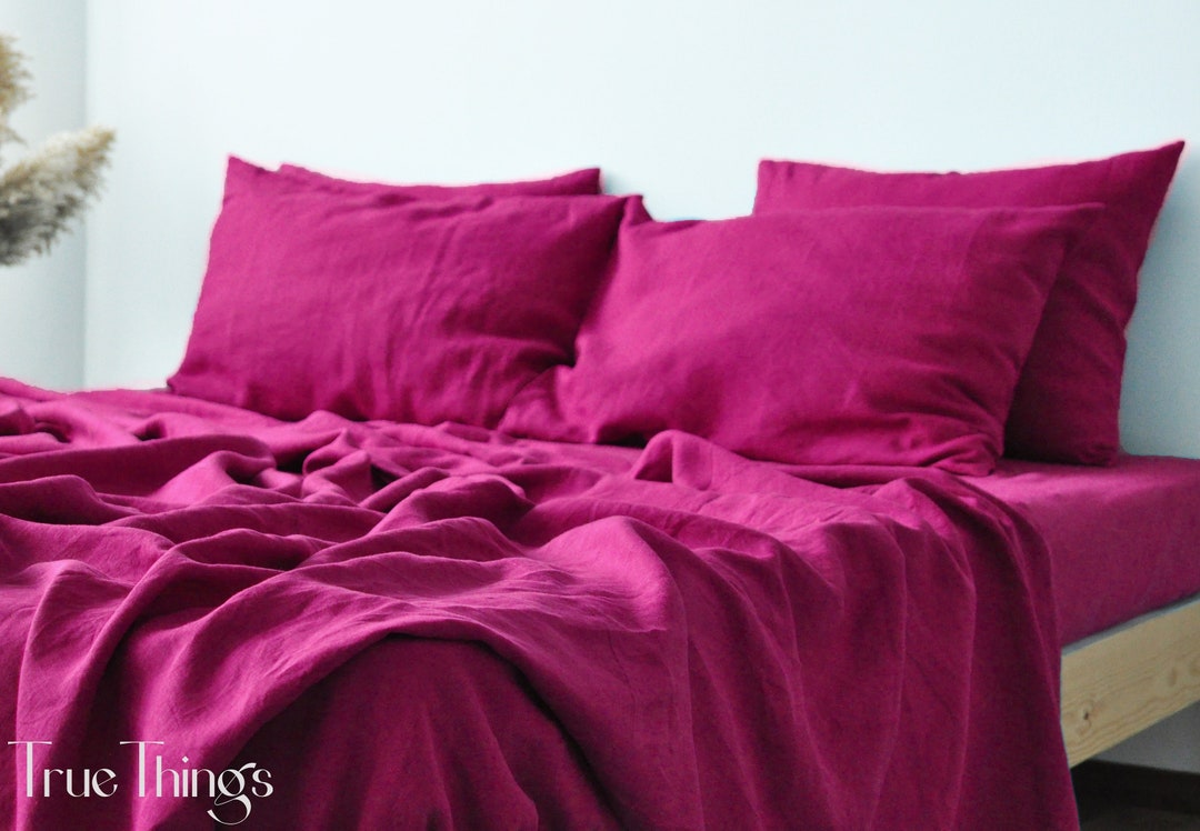 Fuchsia Linen Sheet Set 1 Flat Sheet and 1 Fitted Sheet and 2 ...