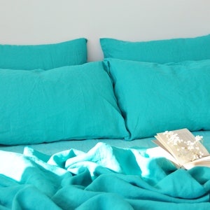 Turquoise Linen Sheet Set 1 Flat Sheet and 1 Fitted Sheet and 2 ...