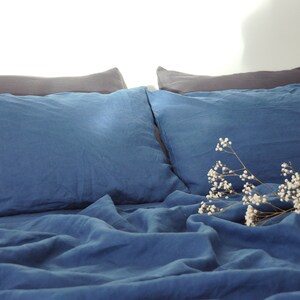 Ocean Blue Linen Sheet Set 1 Flat Sheet and 1 Fitted Sheet and 2 ...