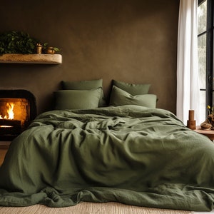 Christmas Dark Olive Linen Bedding Set 1 Duvet Cover and 2 Pillowcases ...