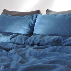 Ocean Blue Linen Bedding Set 1 Duvet Cover and 2 Pillowcases Softened ...