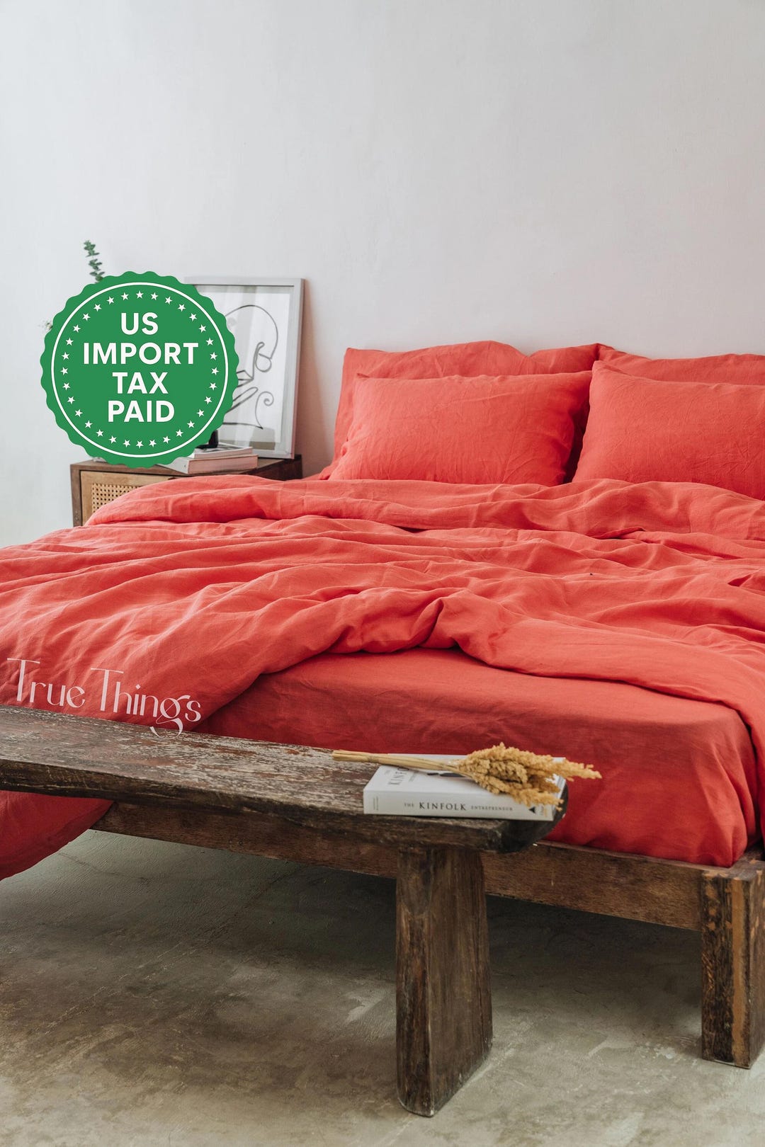 Coral Linen Bedding Set Duvet Cover and 2 Pillowcases in Orange Color ...