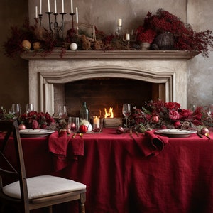 Maroon Rectangle Linen Tablecloth Christmas Theme Round Square ...