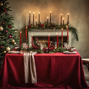 Maroon Round Linen Tablecloth Christmas Theme Rectangle Square ...