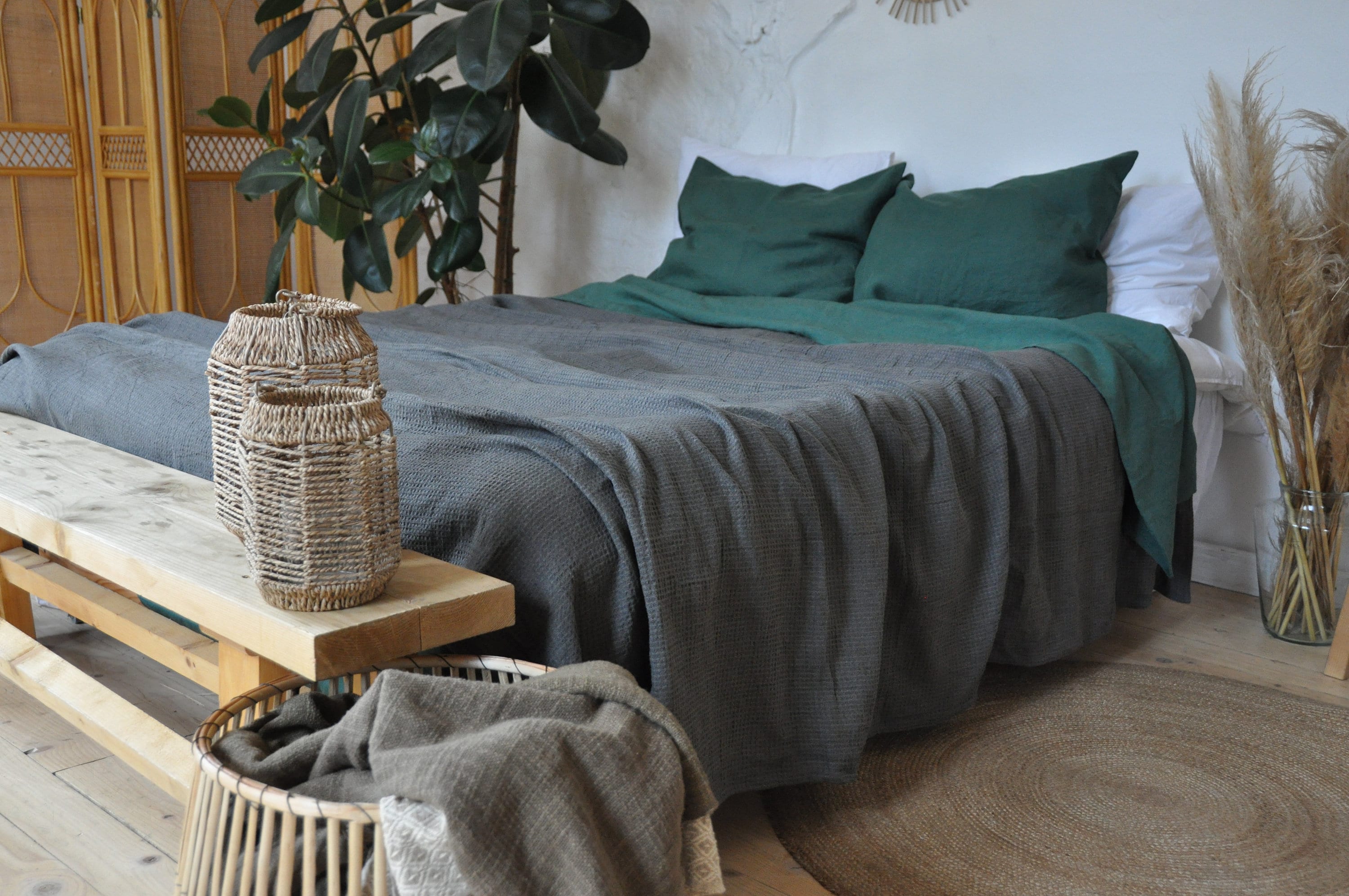 Dark Gray Waffle Linen Coverlet Heavy Weight Linen Waffle Throw Blanket ...