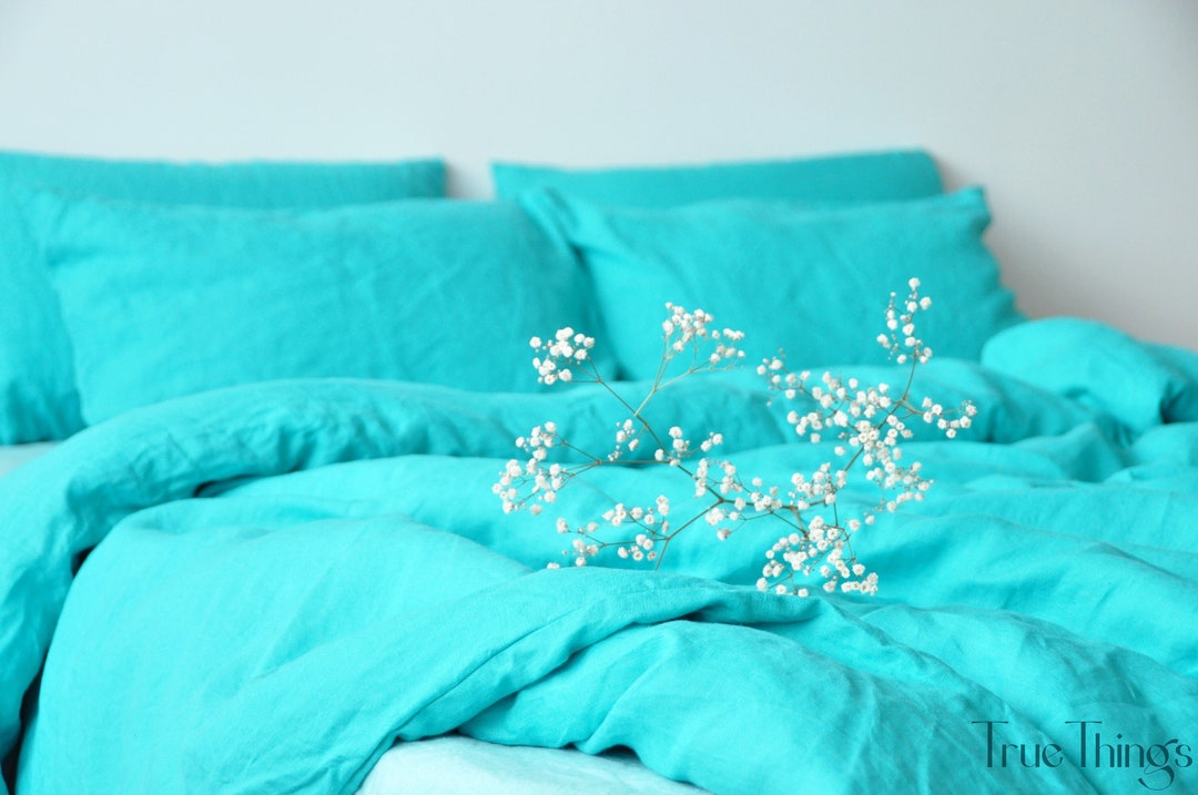 Turquoise Linen Bedding Set 1 Duvet Cover and 2 Pillowcases Softened ...