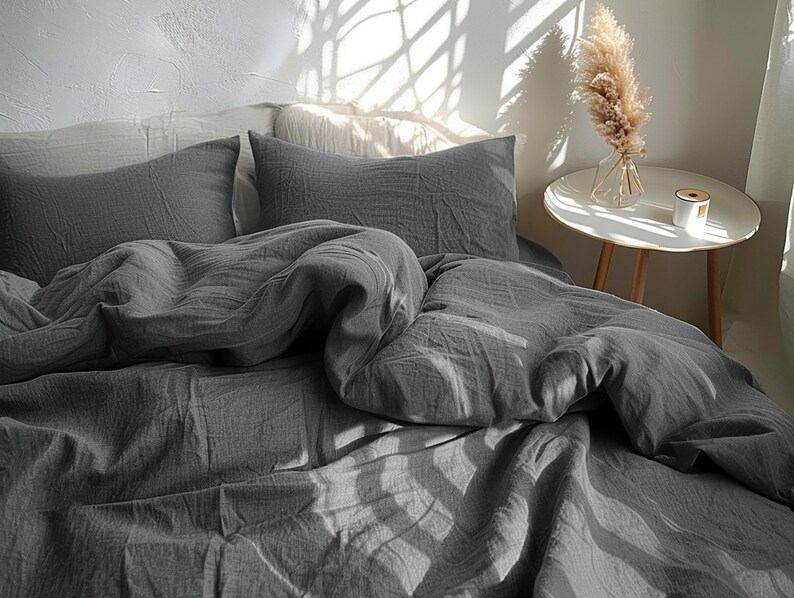 Dark Gray Melange Linen Bedding Set Duvet Cover and 2 Pillowcases in ...
